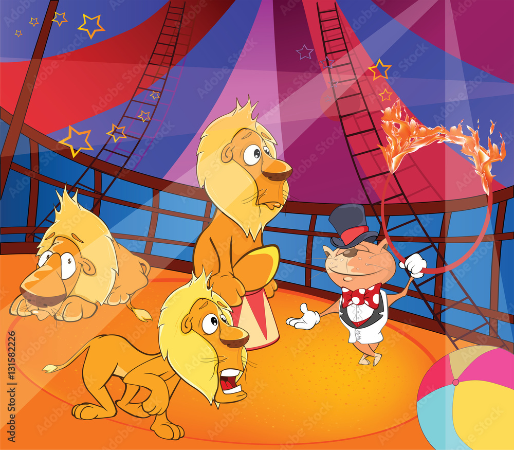 Cartoon Illustration circus performance of a cat ringleader and lions ...