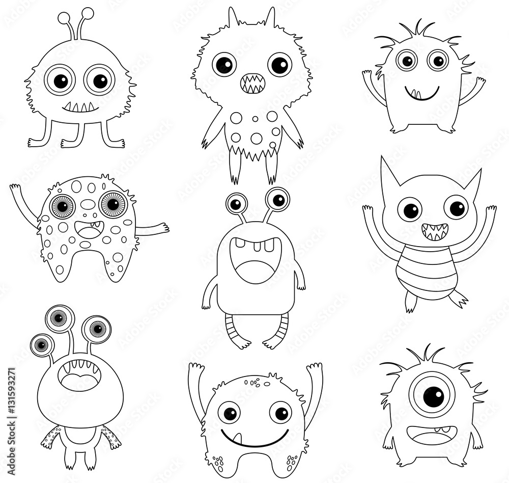 A collection of funny and cute vector monsters or aliens - black ...