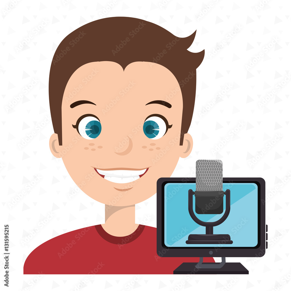 man cartoon speak microphone screen pc vector illustration Stock Vector ...