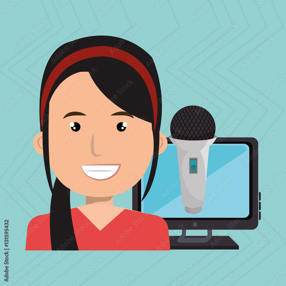 woman cartoon speak microphone screen pc vector illustration Stock ...