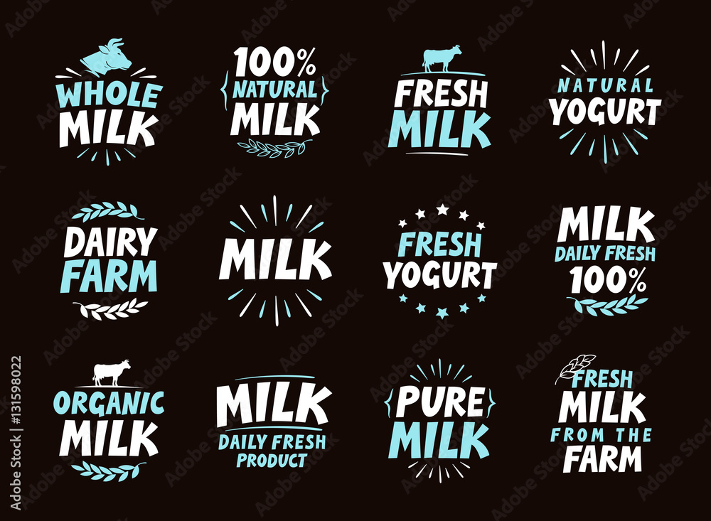 Fresh milk set logo, label, element. Dairy product emblem, template ...