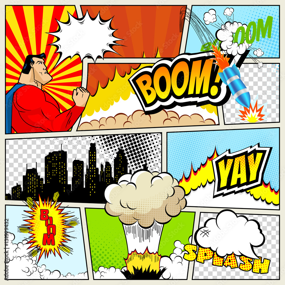 High detail vector mock-up of typical comic book page with various ...