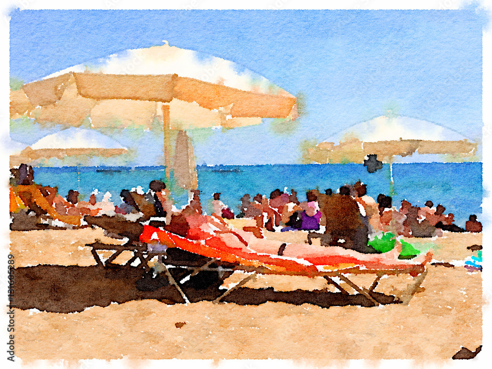 Digital watercolor painting of a beach in Barcelona in Spain. Parasols ...