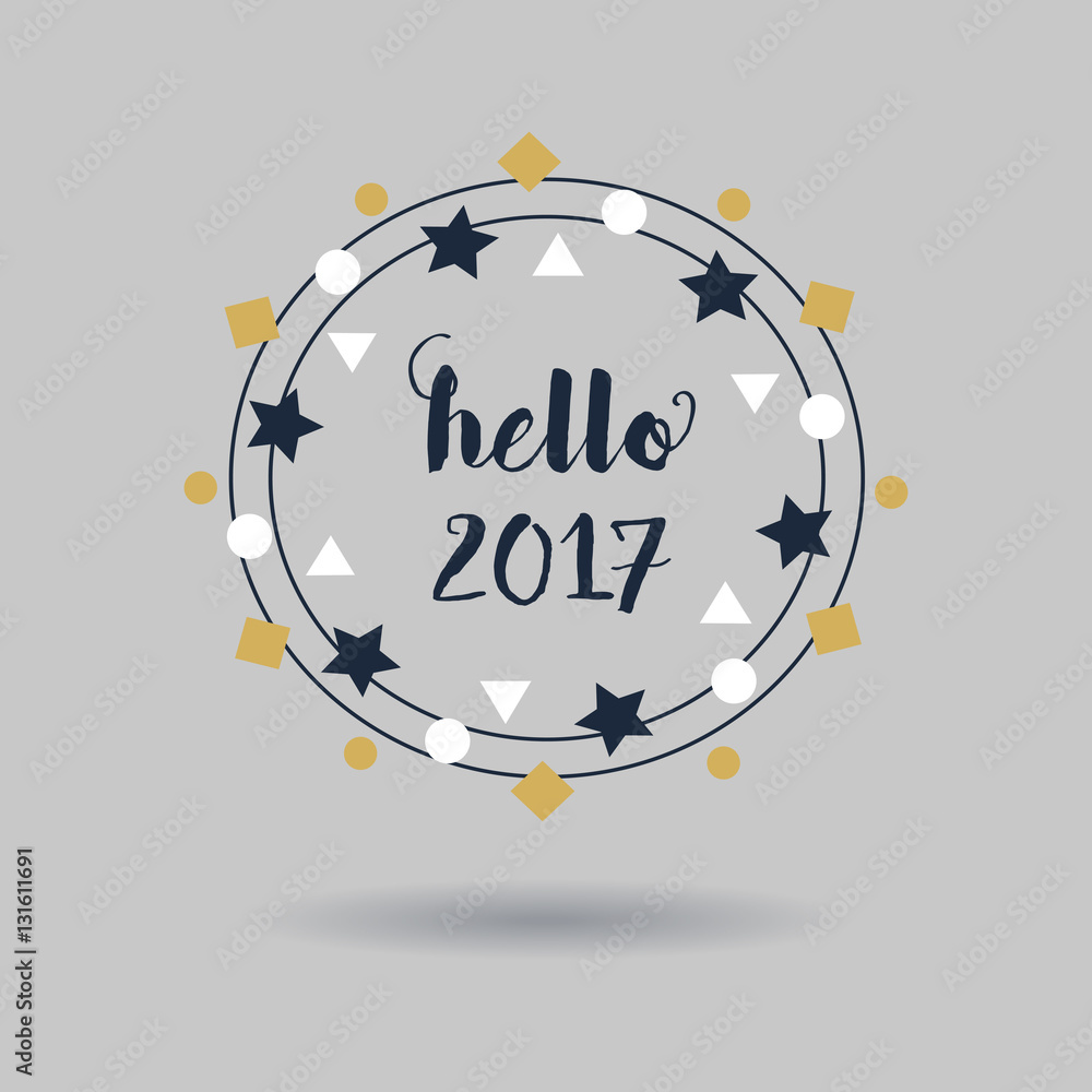 Abstract navy blue hello 2017 circle geometrical wreath emblem on gray ...