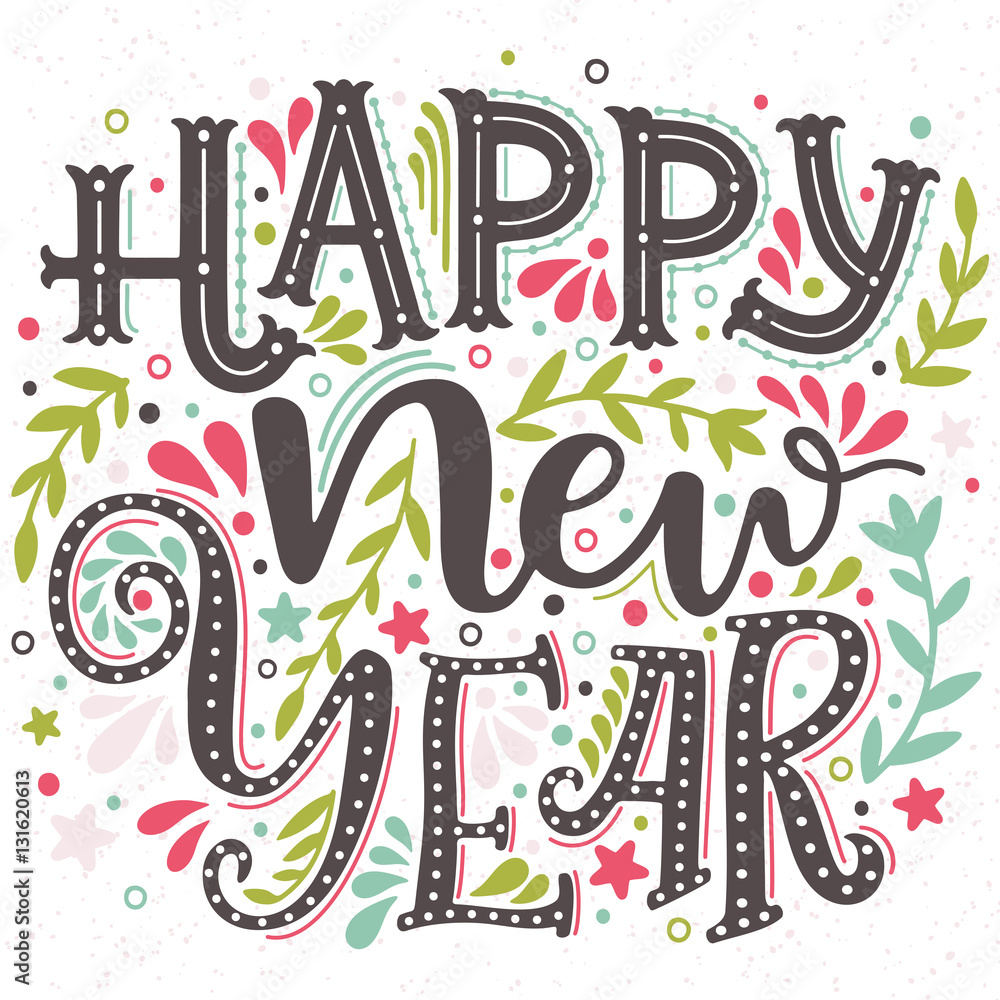Happy New Year. Hand drawn lettering isolated on white background ...