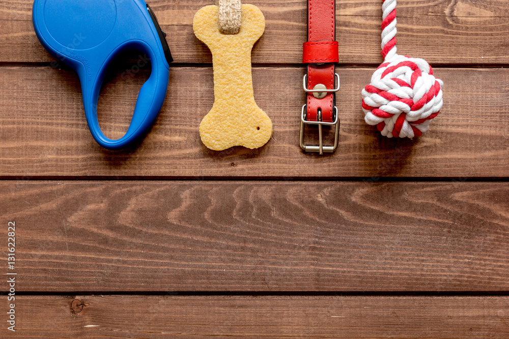 concept pet care and training on wooden background top view Stock Photo ...