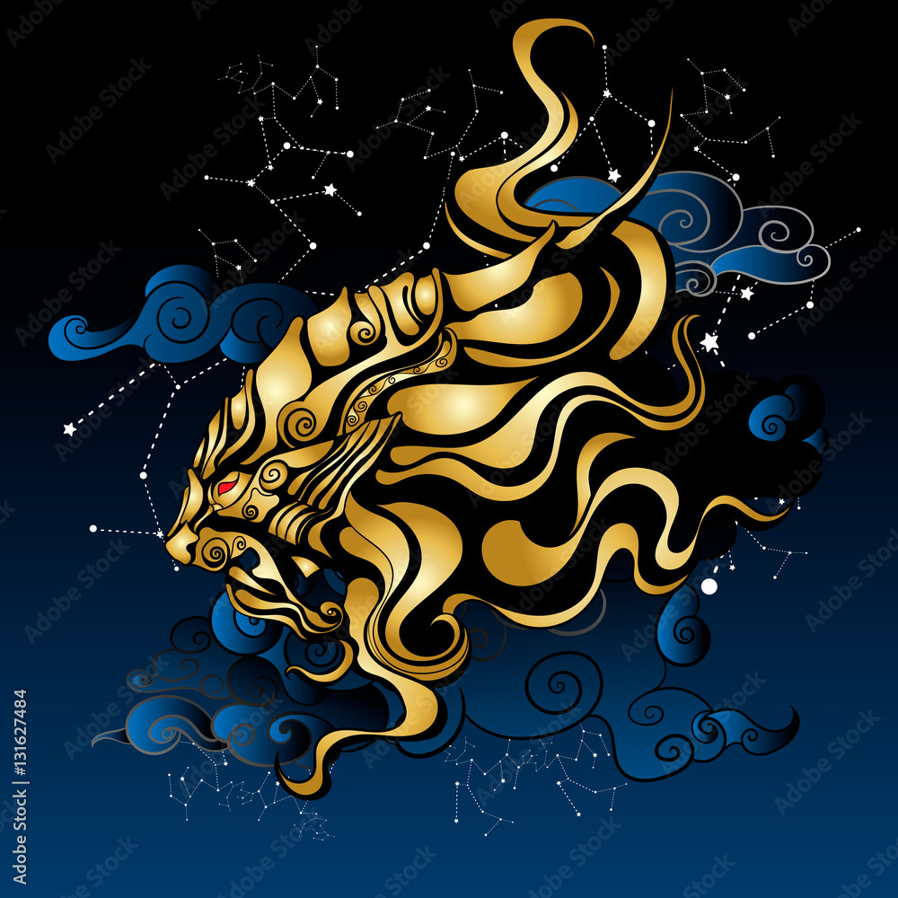 ancient mythical lion from Eastern folklore, on the background o Stock ...
