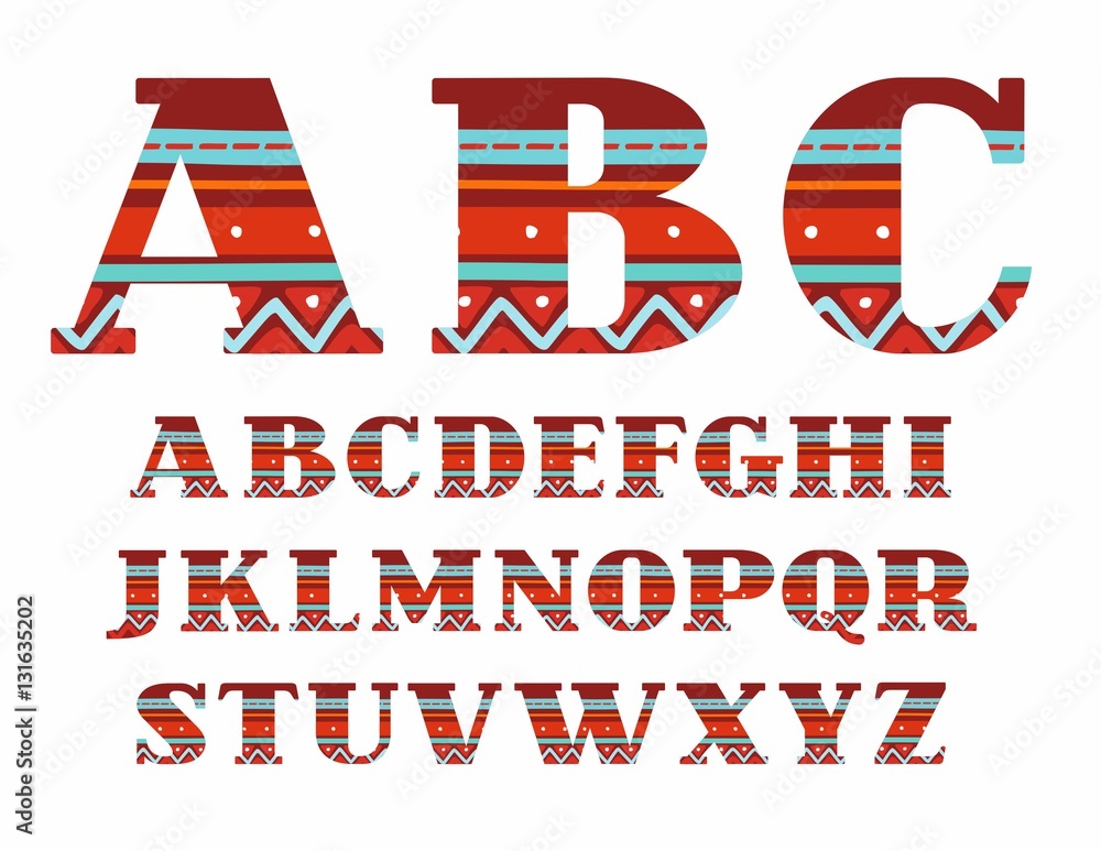 English alphabet, capital letters, folk decor, vector, red. Colored ...