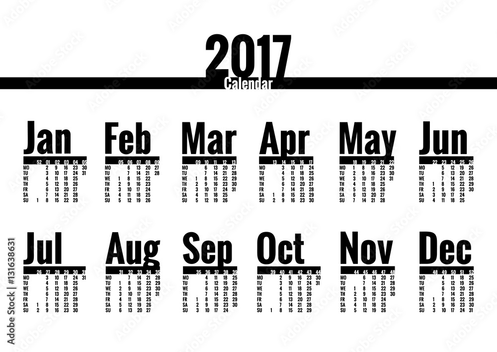 Calendar vector template for 2017 year. Week starts on Monday. Plain ...