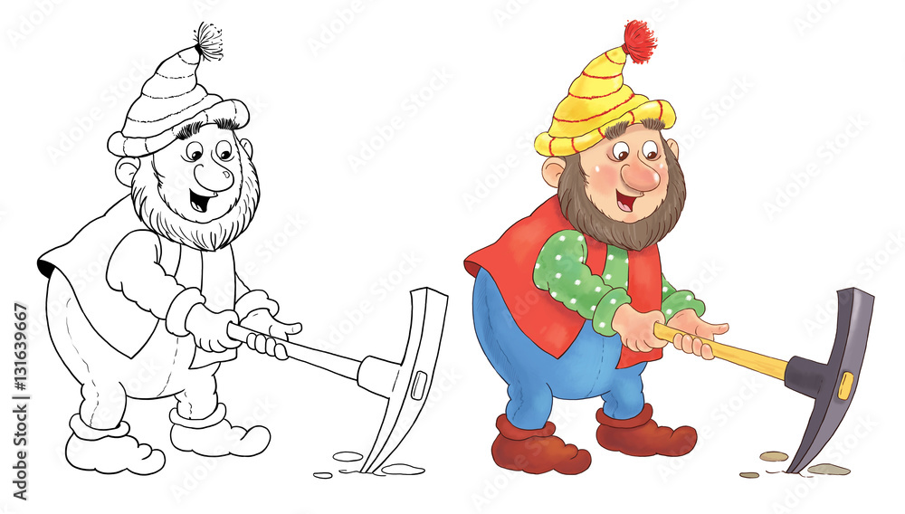 Fairy tale. Coloring page. Snow White and seven dwarfs. A cute dwarf ...