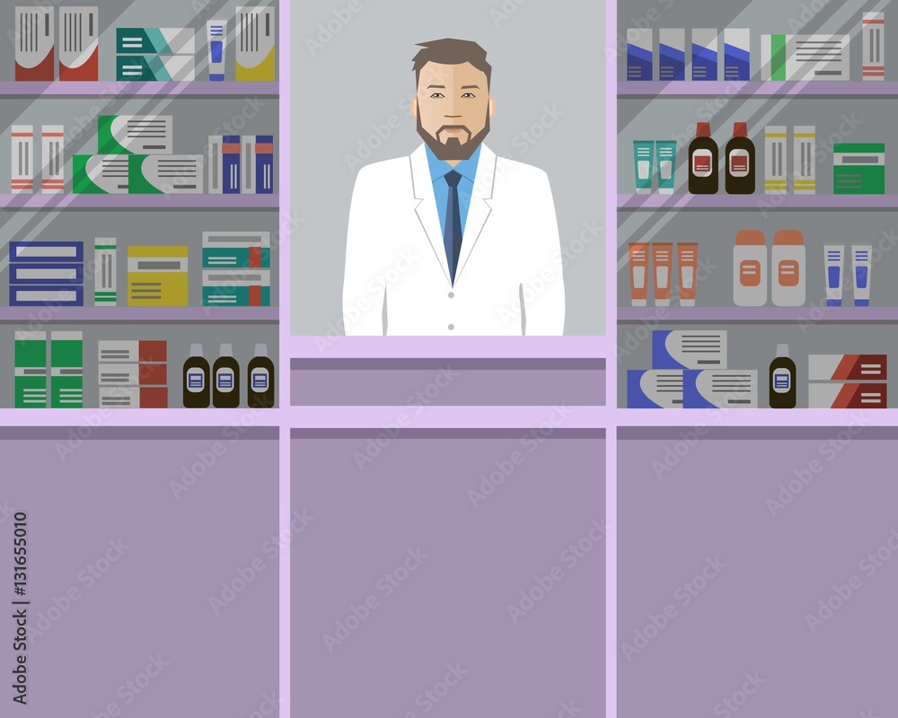 Web banner of a pharmacist. Young man in the workplace in a pharmacy ...