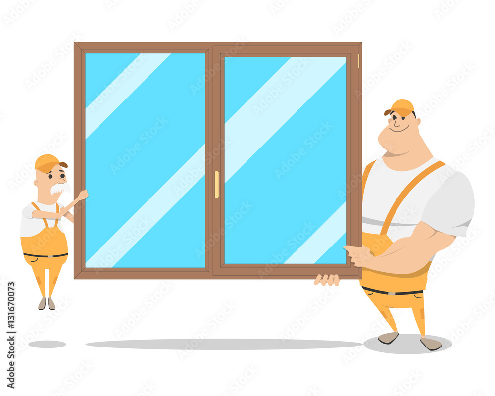 Two workers in a special form of holding the window on a white isolated ...