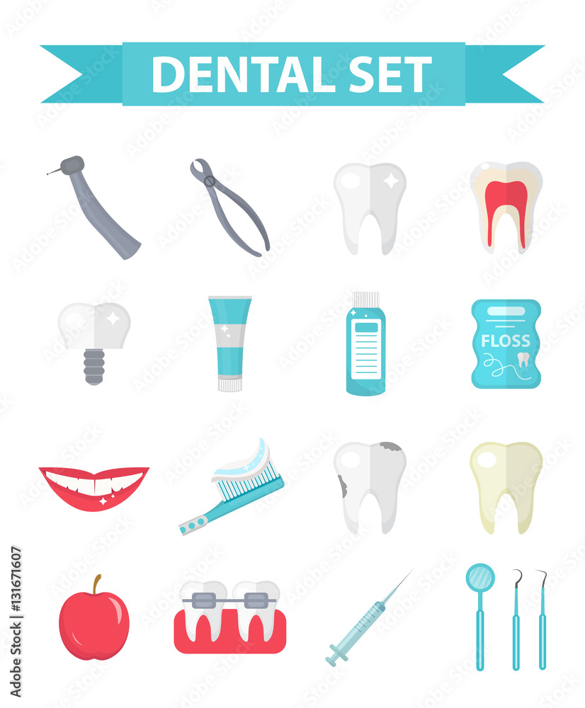Dental icon set, flat style. Stomatology kit isolated on white ...