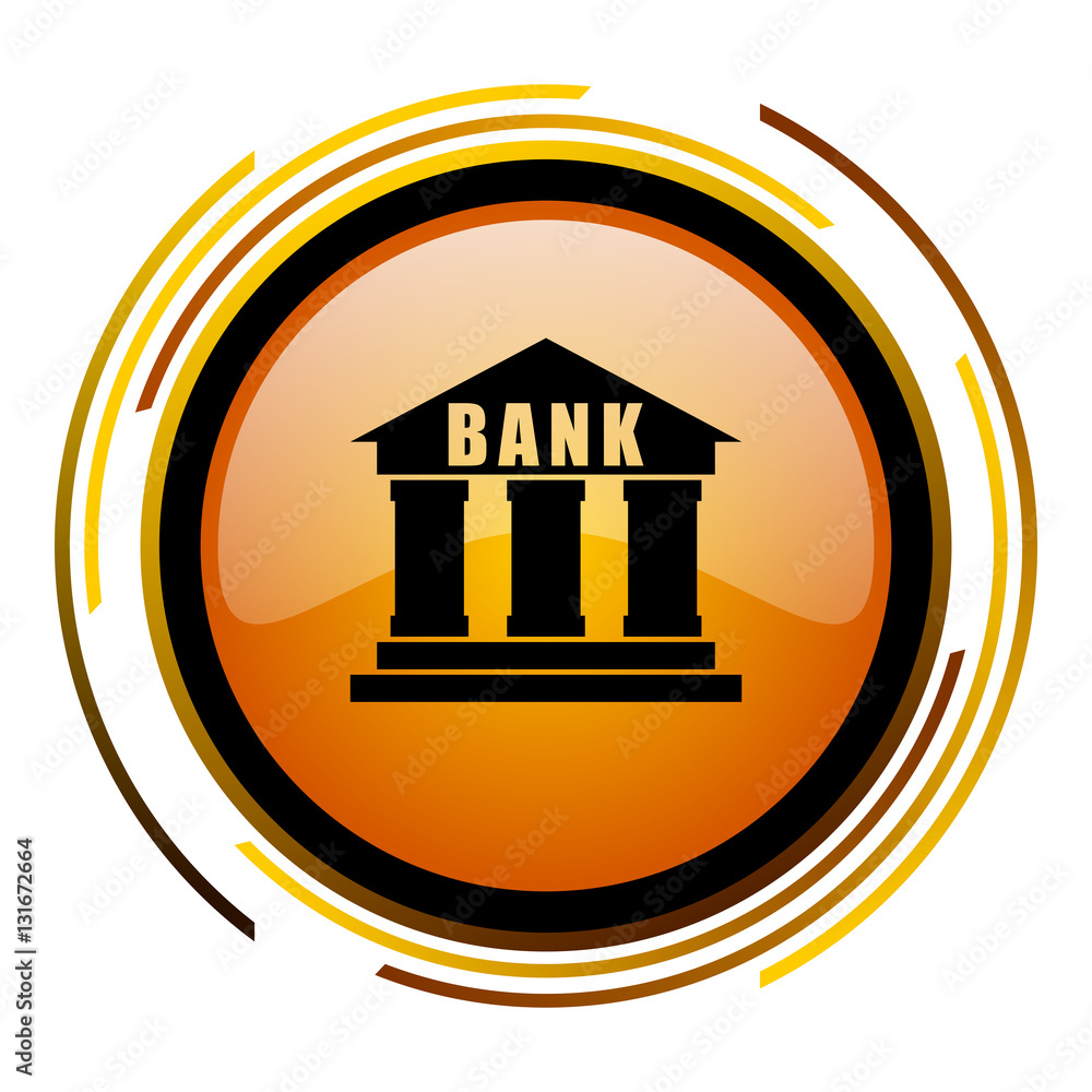 Bank sign vector icon. Modern design round orange button isolated on ...