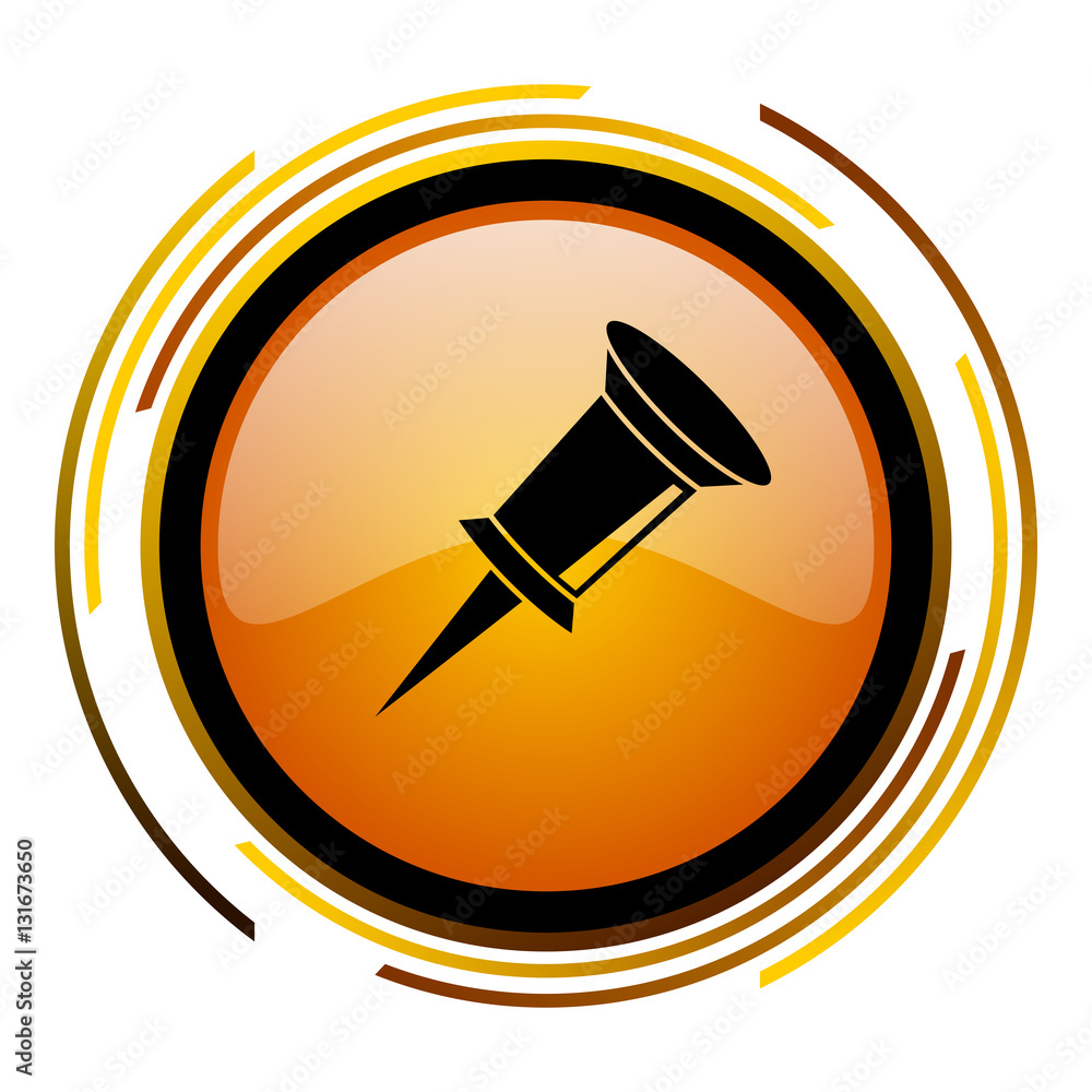 Pin vector icon. Modern design round orange button isolated on white ...