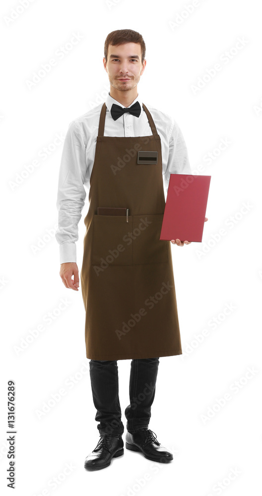Cute waiter holding red menu folder on white background Stock Photo ...