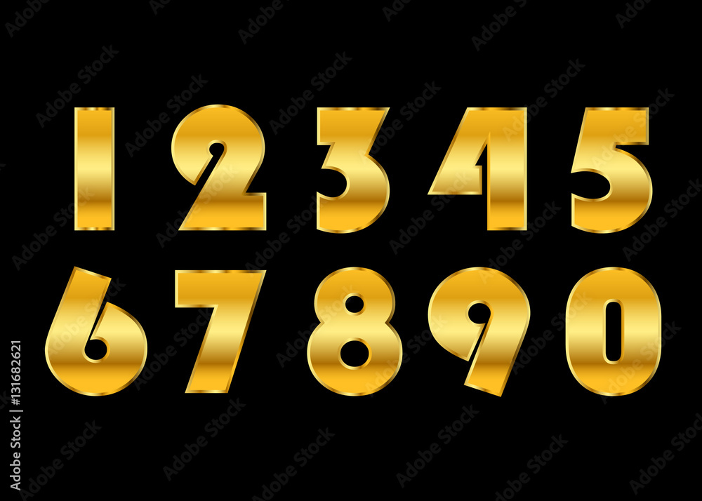 Gold numbers set. Golden metallic font, isolated on black background ...