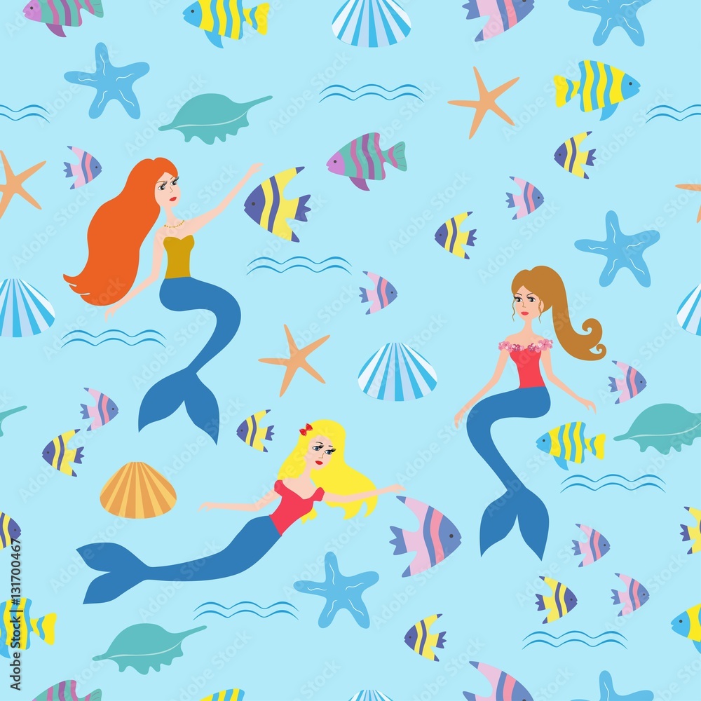 Seamless background with mermaids, fish Stock Vector | Adobe Stock