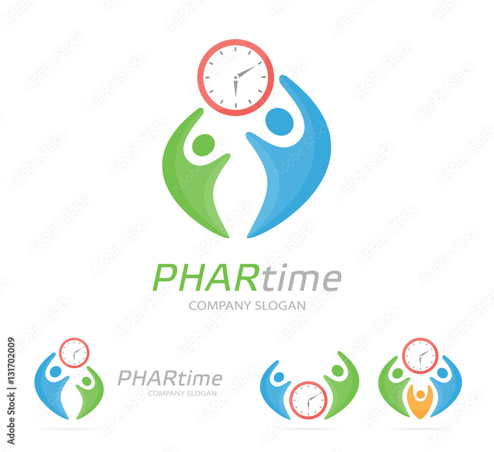 Vector clock and people logo combination. Time and family symbol or ...