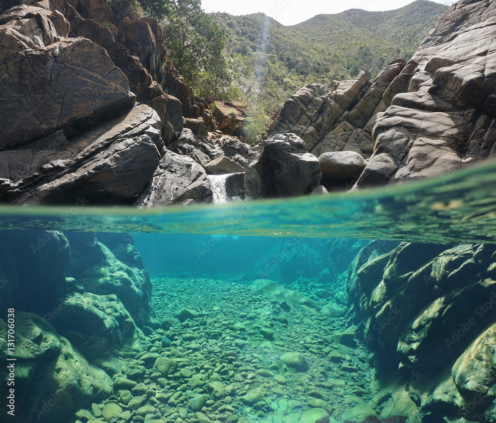Over and underwater split view in a river with clear water and big ...