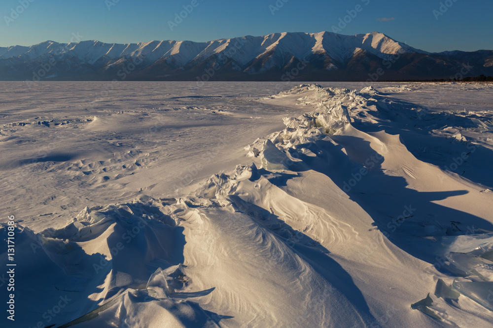 Ice hummocks of Lake Baikal and Holy Nose Peninsula. Stock Photo ...