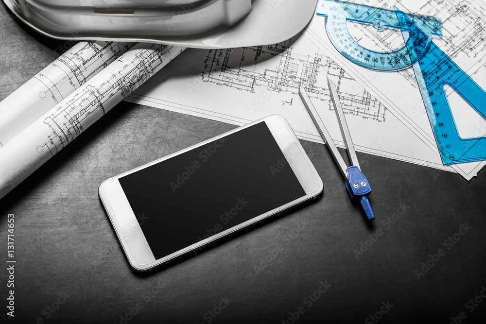 Construction planning drawings on black background Stock Photo | Adobe ...