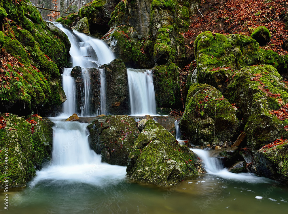 Fall landscape with huge water falling detail. Colossal cascade ...