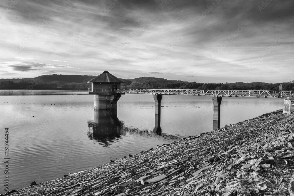 reservoir, water, pier, jetty, lake, pump house Stock Photo | Adobe Stock