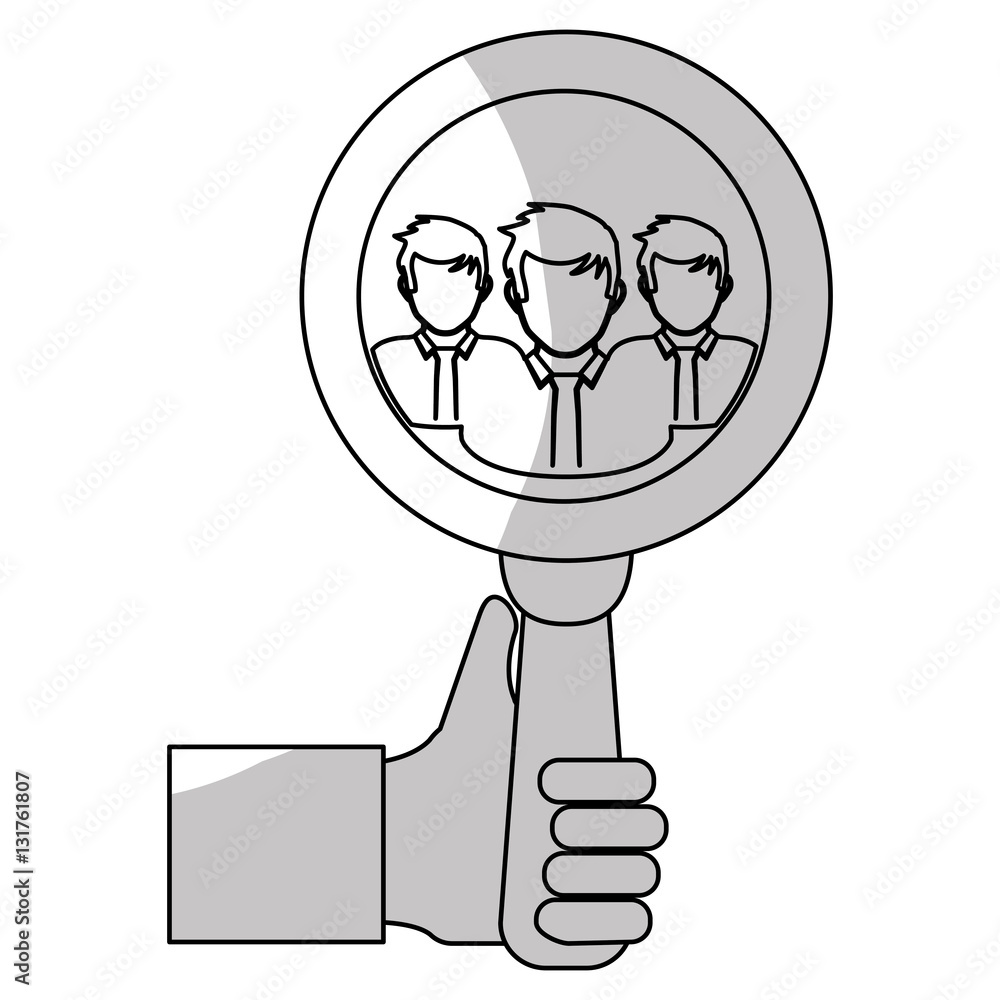 hand holding a magnifying glass and business people icon over white ...