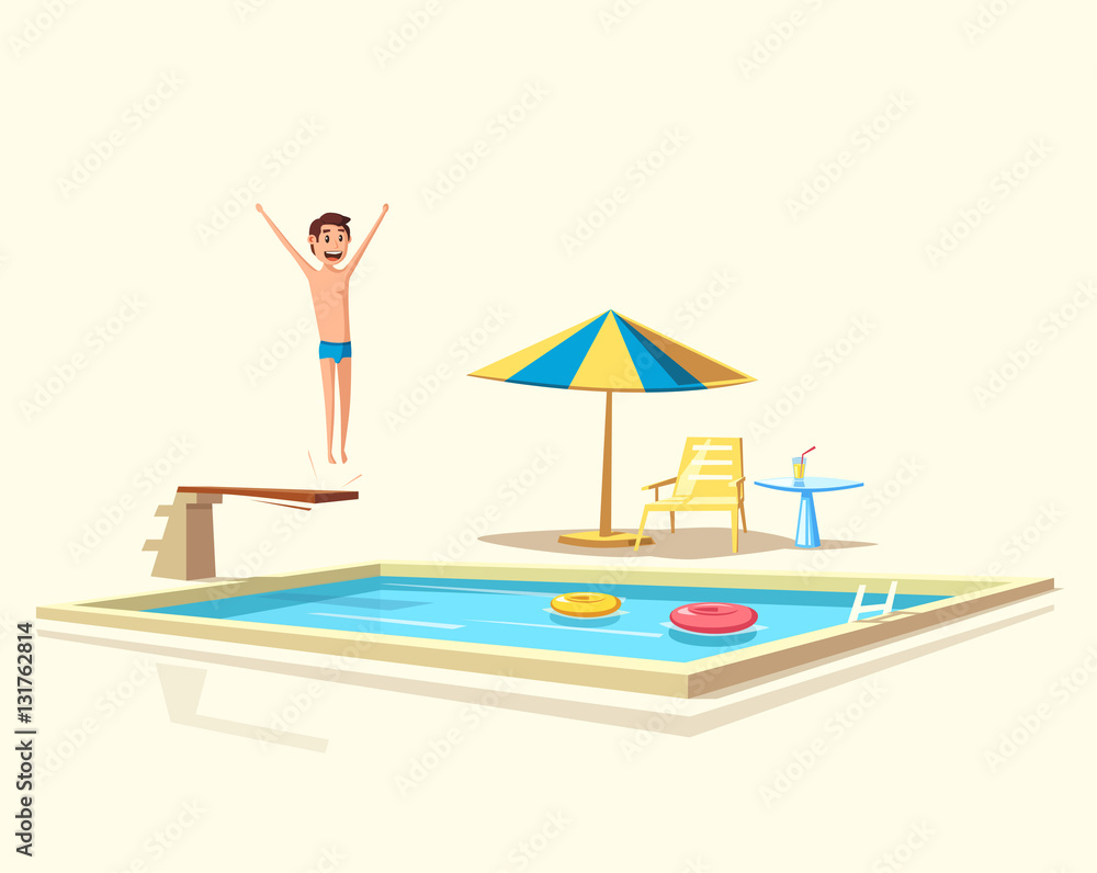 Man jumping. Swimming pool with a diving board. Cartoon Vector ...