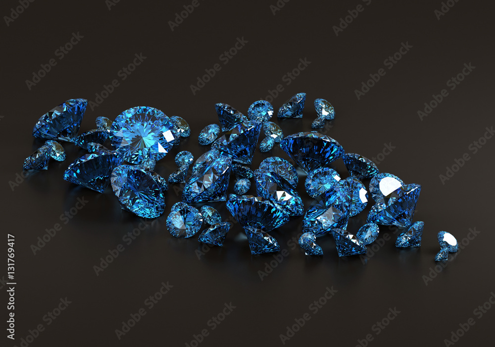 Blue diamonds placed on black background, 3D illustration. Stock ...