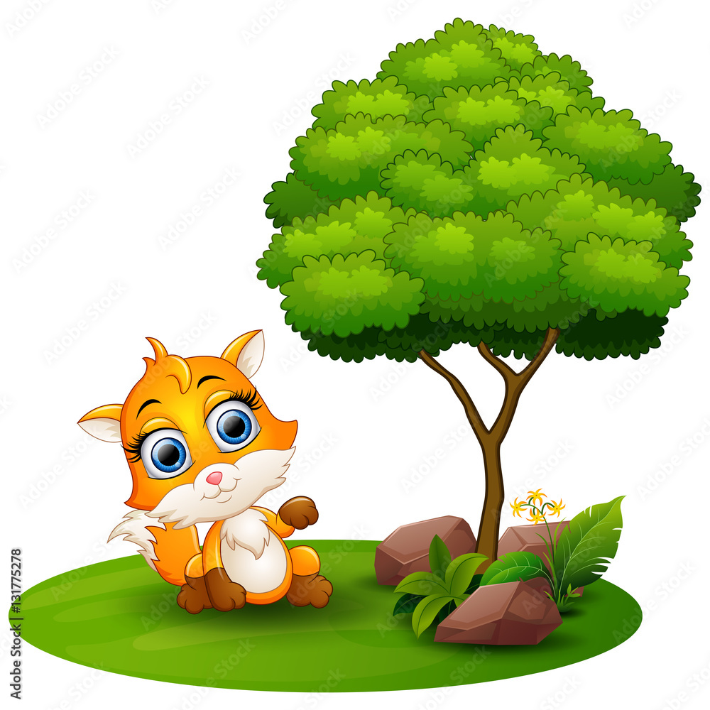Cartoon fox under a tree on a white background Stock Vector | Adobe Stock