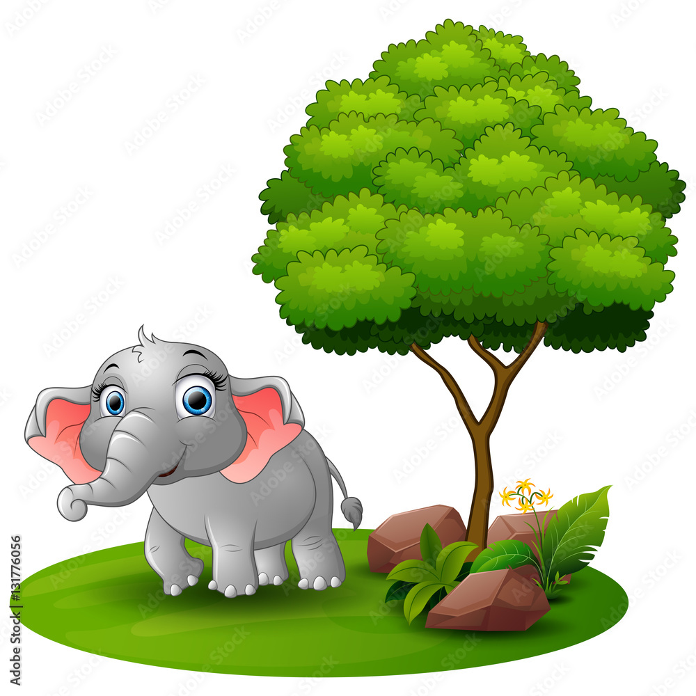 Cartoon elephant under a tree on a white background Stock Vector ...