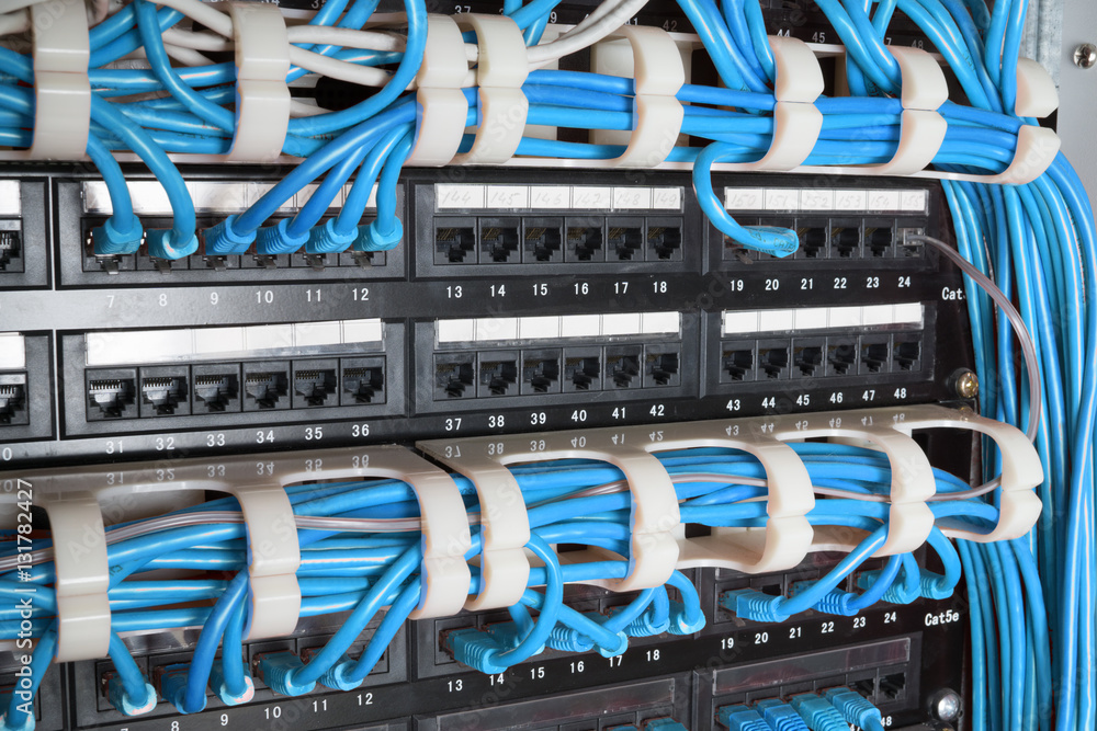 Server rack with blue cables Stock Photo | Adobe Stock