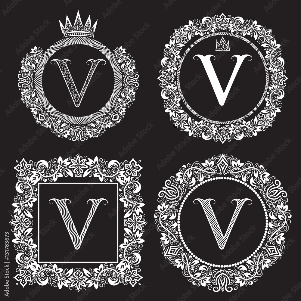Vintage monograms set of V letter. Heraldic coats of arms in wreaths ...
