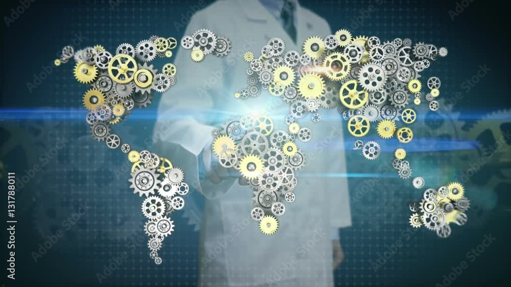 Researcher, Engineer open palm, Steel golden gears making global world ...