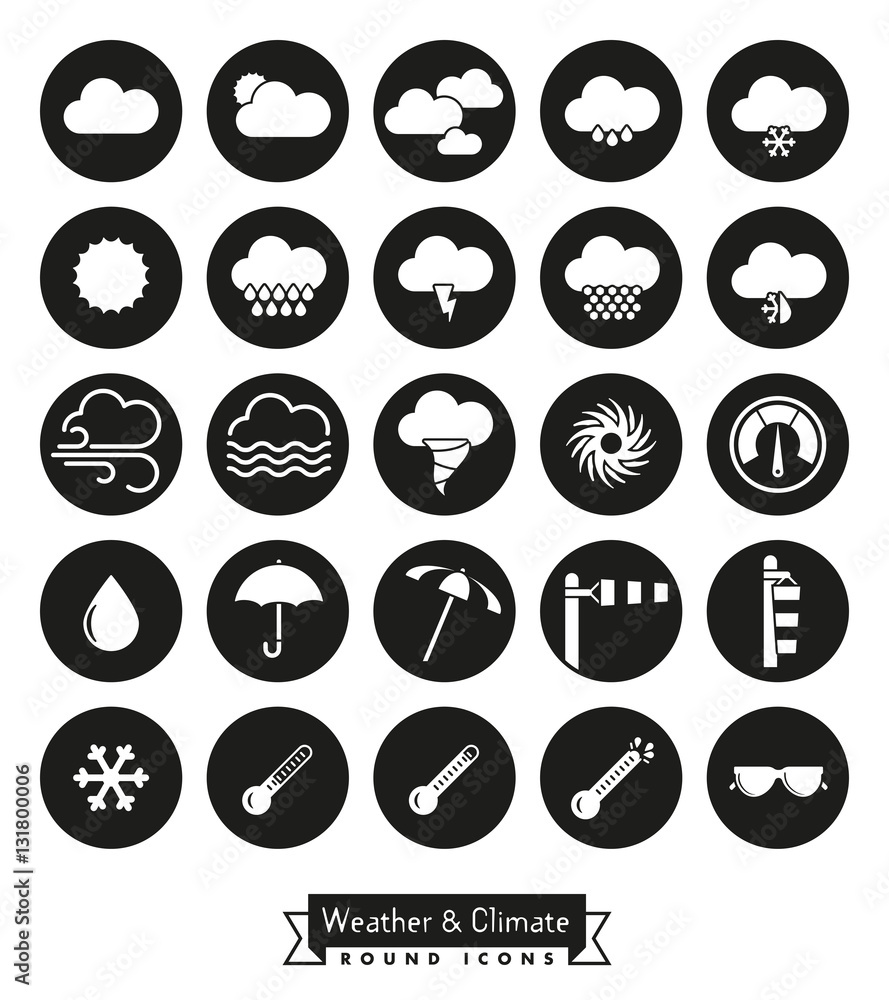 Weather and climate solid round icons set. Collection of 25 round ...