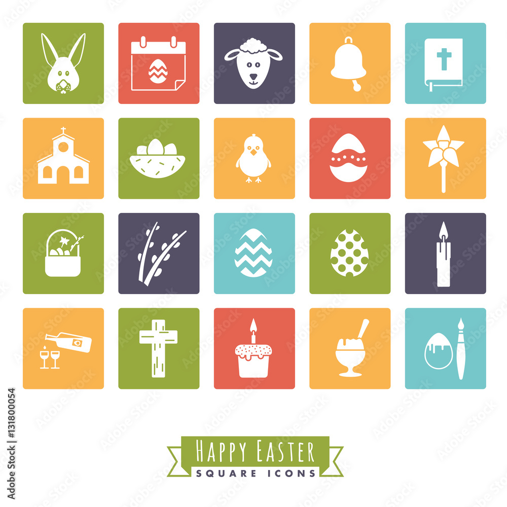 Easter Symbols Square Icon Set. Collection of 20 Happy Easter Icons in ...