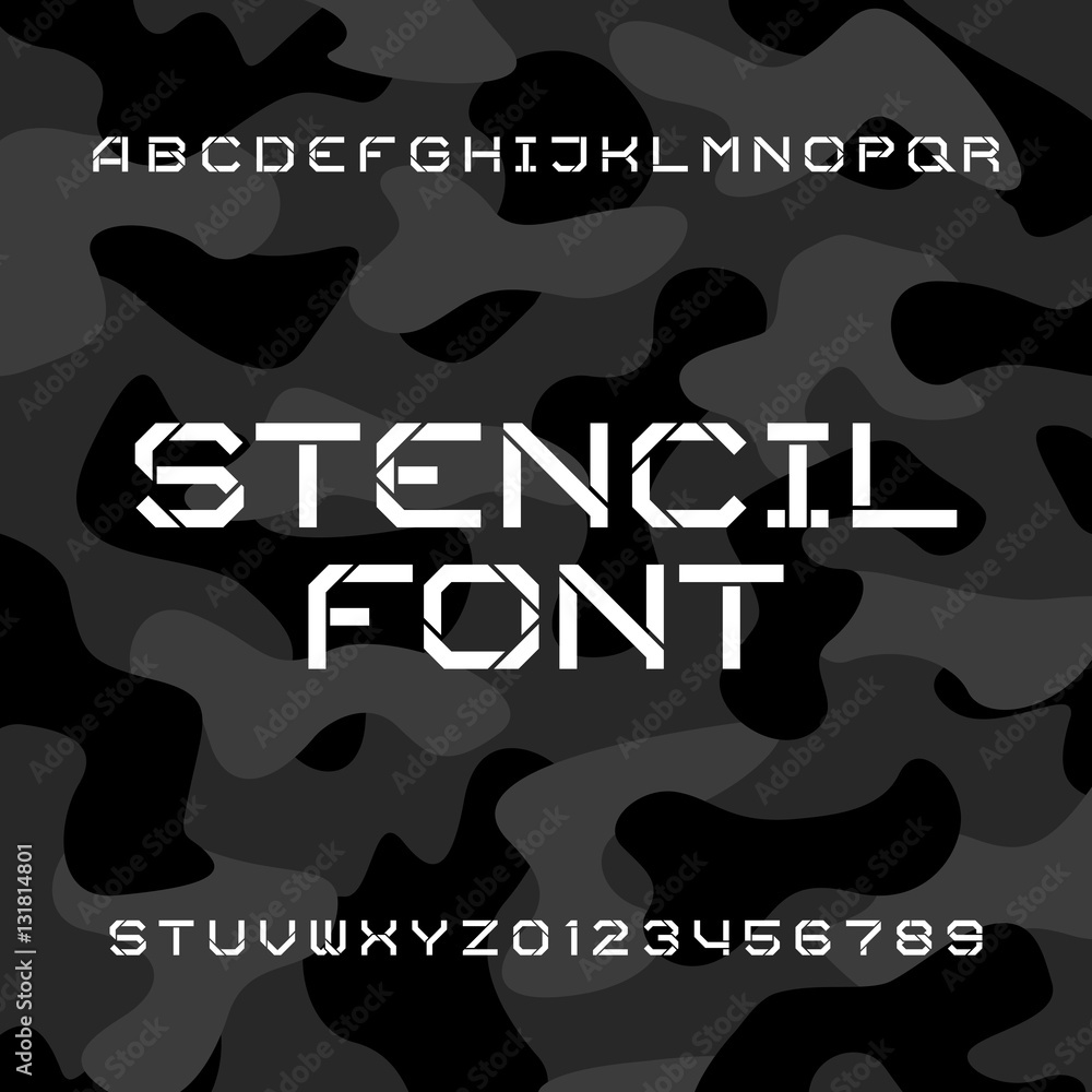 Stencil alphabet font. Tough type letters and numbers on a camo ...