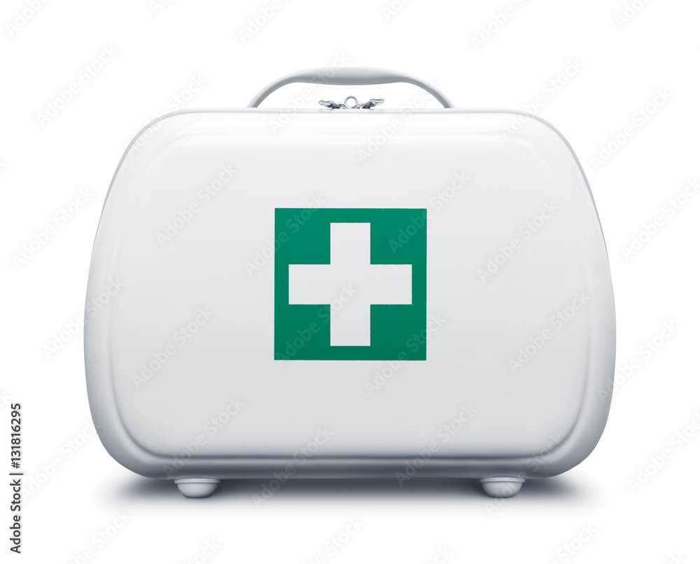Poster First aid kit with green cross logo on white background, frontal ...