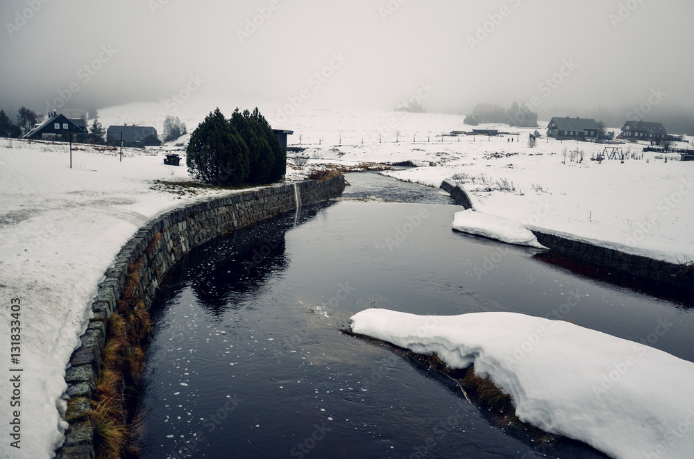 Jizerka village and river covered by snow in the winter Stock Photo ...