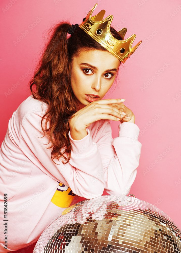young cute disco girl on pink background with disco ball and cro Stock ...
