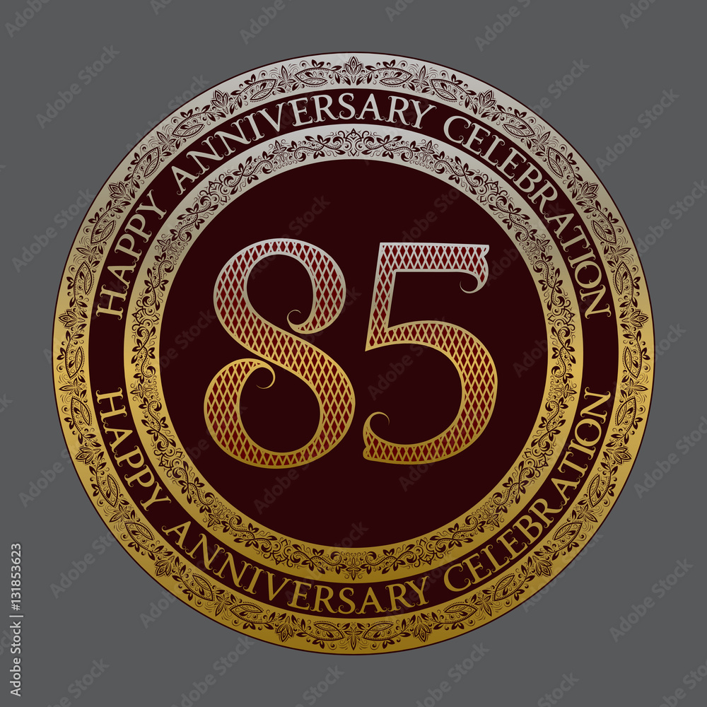 Eighty fifth anniversary celebration logo symbol. Golden maroon medal ...