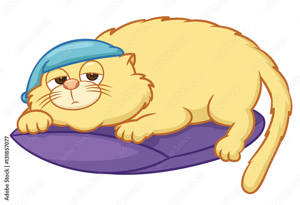 Lazy Cat with Night Cap Lying on Pillow Cartoon Stock Vector | Adobe Stock