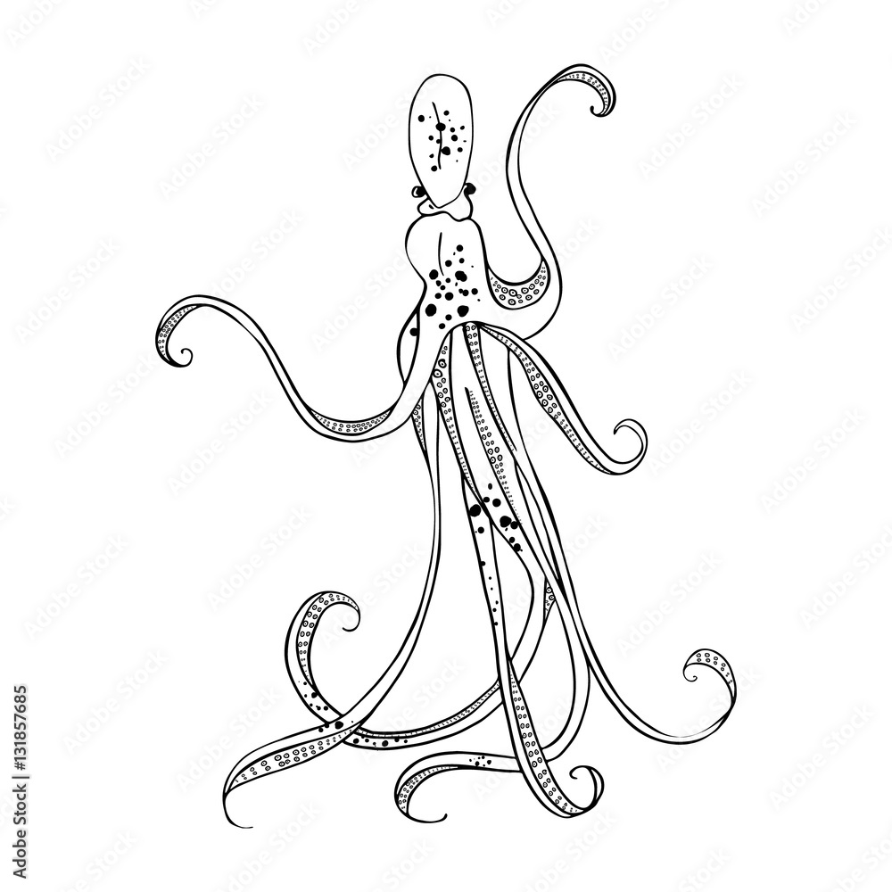 Giant octopus with eight tentacles floating in the ocean depths. Bokeh effect, the air bubbles ...