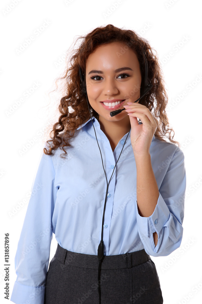 Female technical support call center dispatcher on white background ...