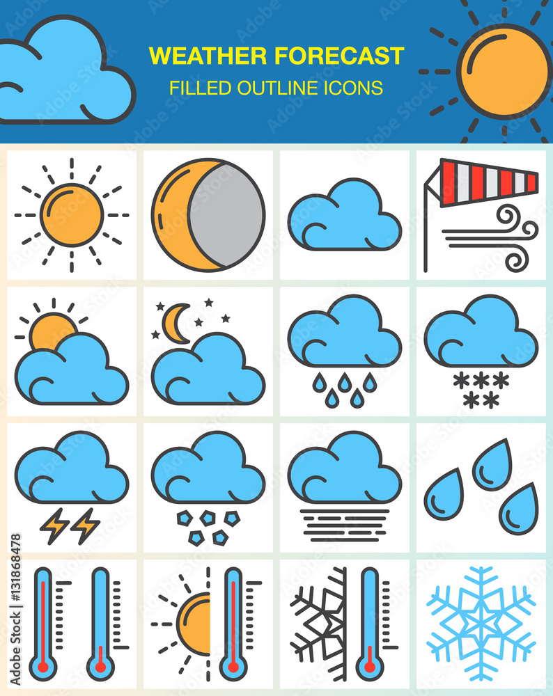 Weather forecast line icons set, filled outline vector symbol ...