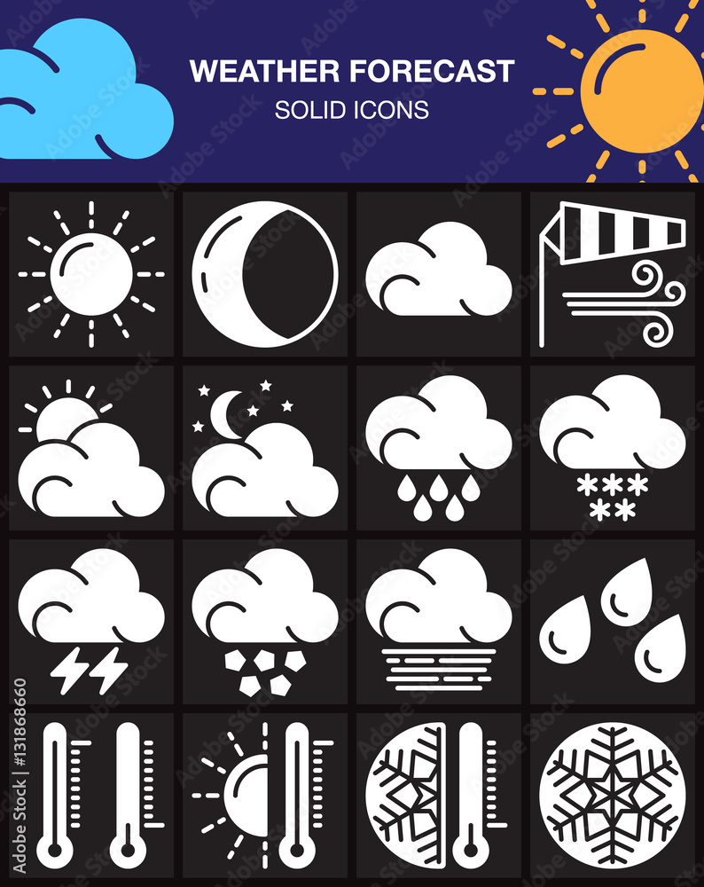 Weather forecast vector icons set, modern solid symbol collection ...