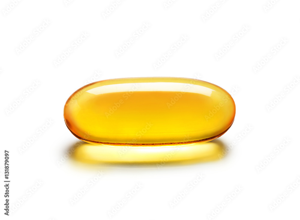 Close up one capsule of omega 3 isolated on white background. Copy ...