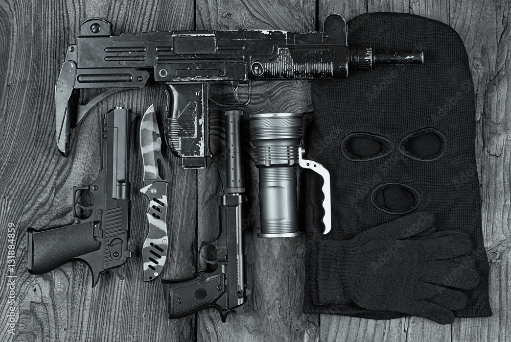 gun and two pistols,UZI submachine gun,firearms, terrorism Stock Photo ...